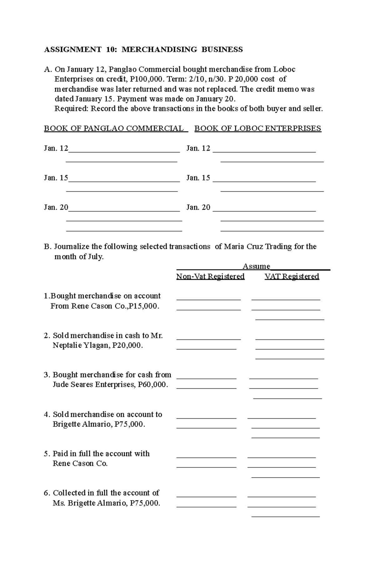 Exercises and problems - Merchandising Business - ASSIGNMENT 10 ...