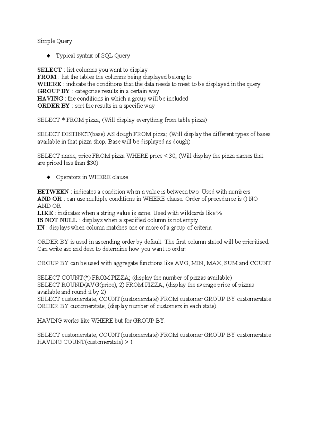 SQL Notes - Simple Query Typical syntax of SQL Query SELECT : list ...