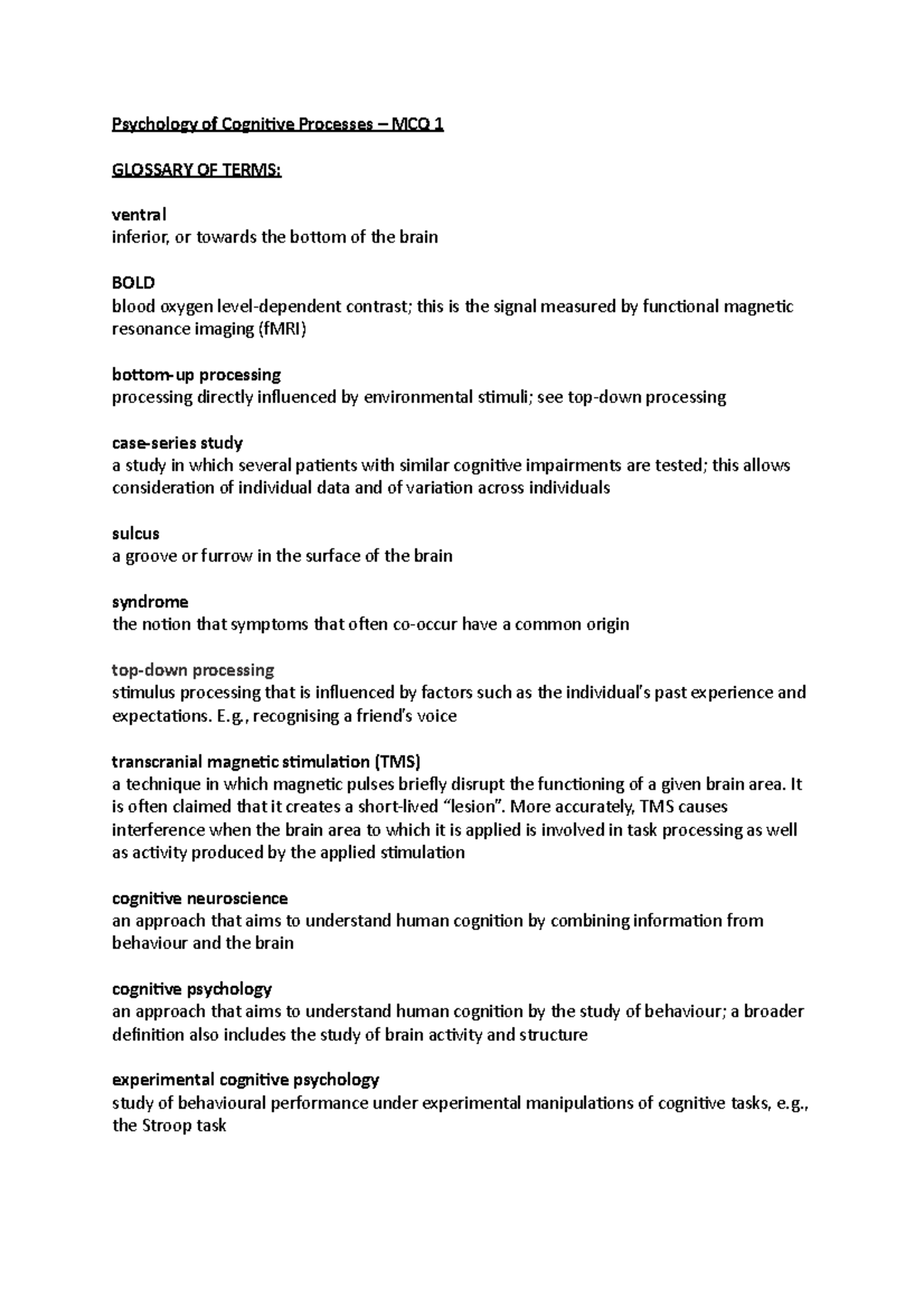 Po CP Glossary - summary of key words - Psychology of Cognitive ...