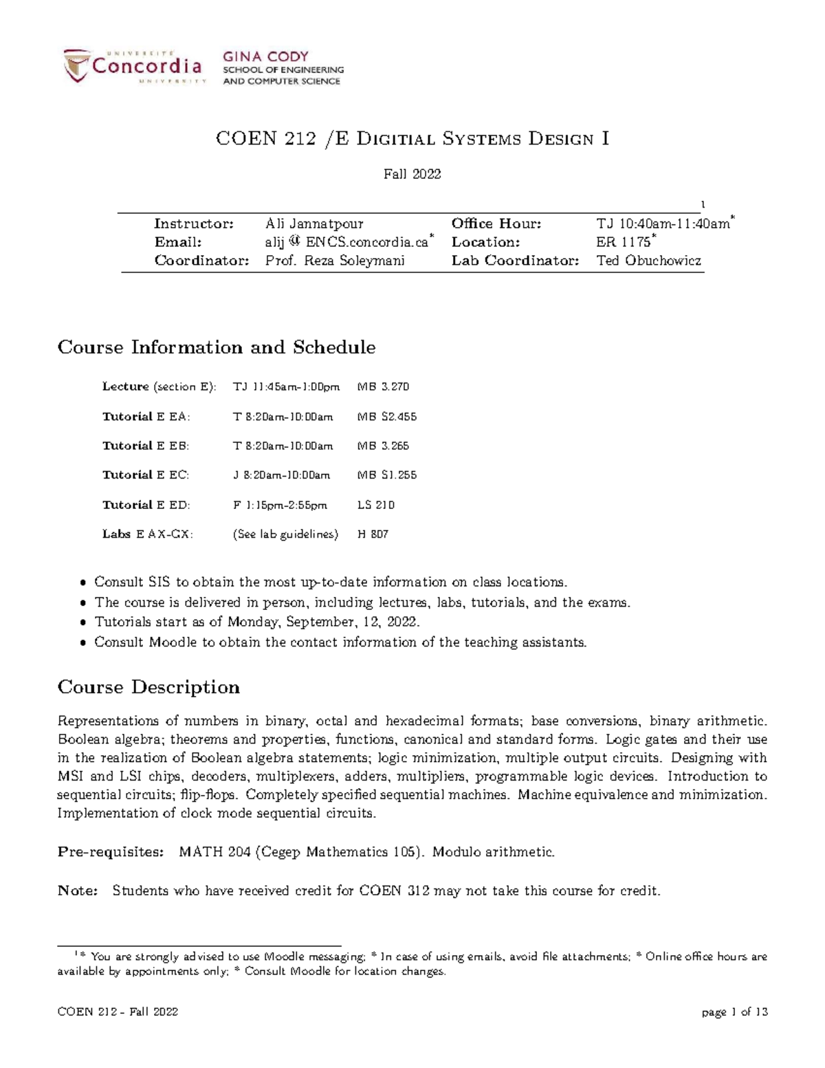 Coen212.00.2022f - 212 outline - COEN 212 /E Digitial Systems Design I ...