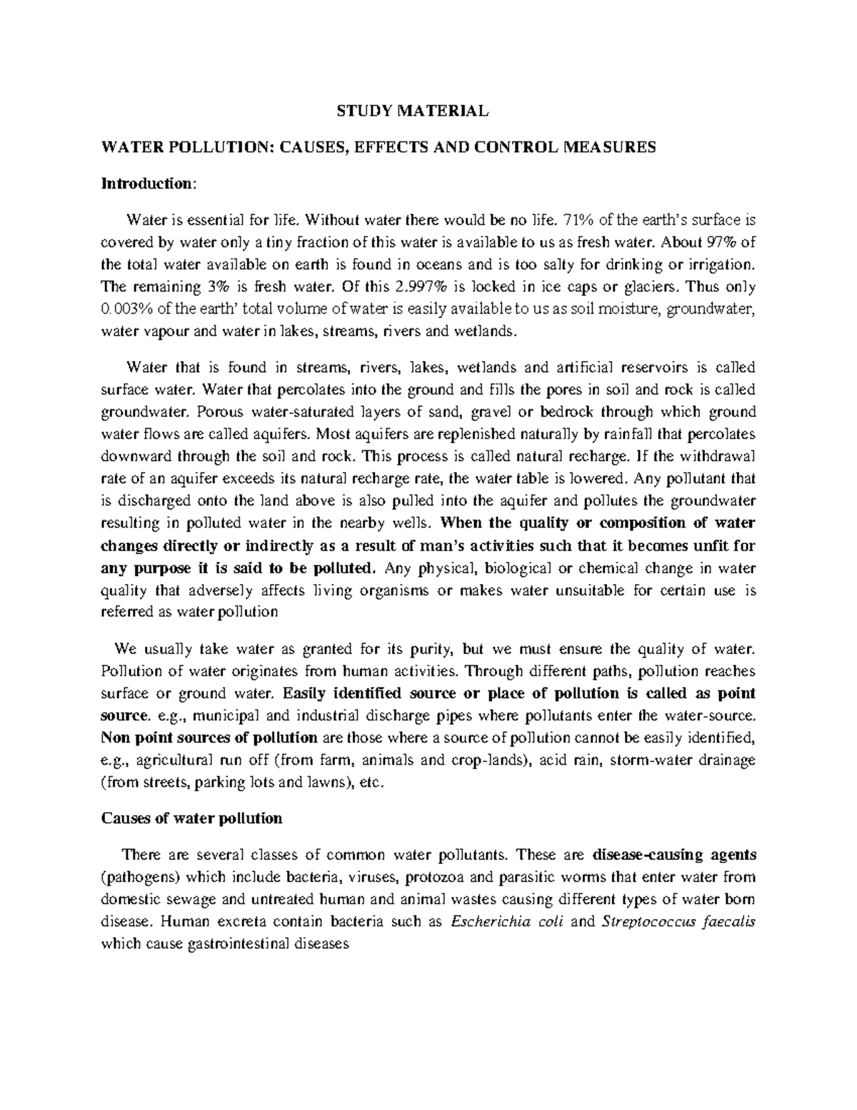 Water-Pollution - Lecture - STUDY MATERIAL WATER POLLUTION: CAUSES ...