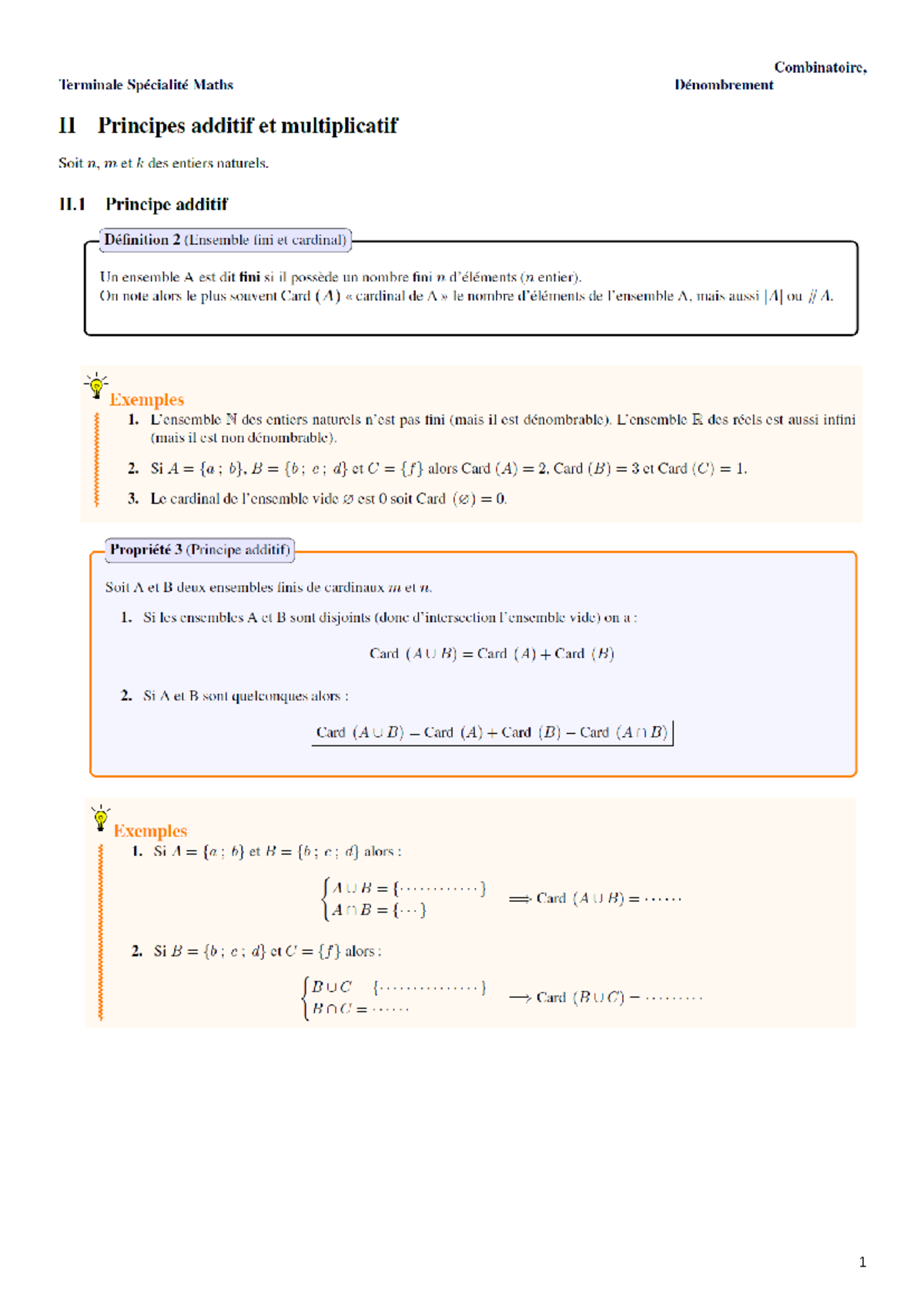 Cours Dénombrement Combinatoire Eleve - Combinatoire, Terminale ...