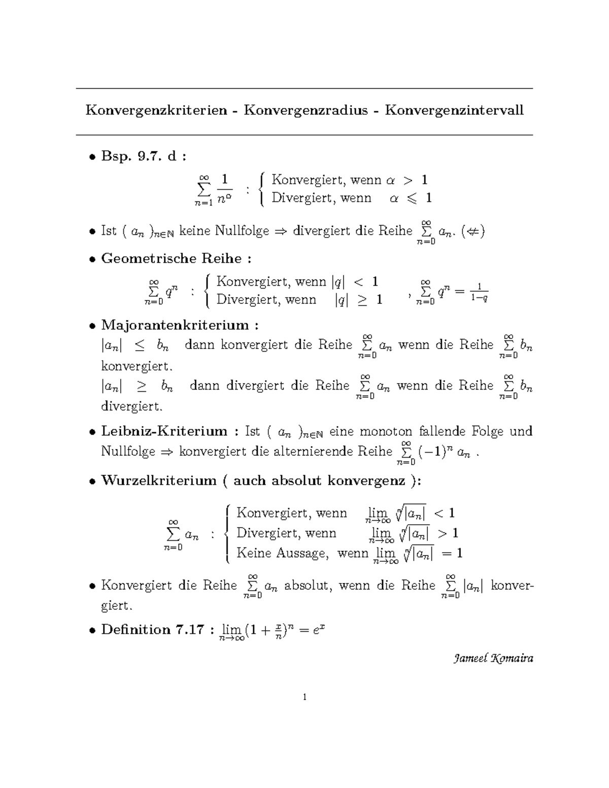 Reihen Zusammenfassung - Konvergenzkriterien - Konvergenzradius ...