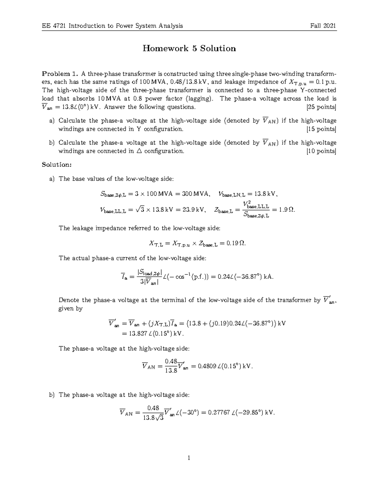 HW5-Solution - HW5-Solution - Homework 5 Solution Problem 1. A three-phase transformer is - Studocu