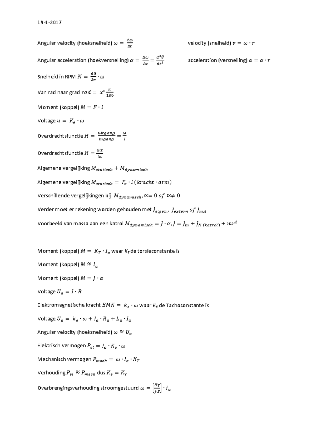 Elektrische Actuatoren - formules - Angular velocity (hoeksnelheid ...