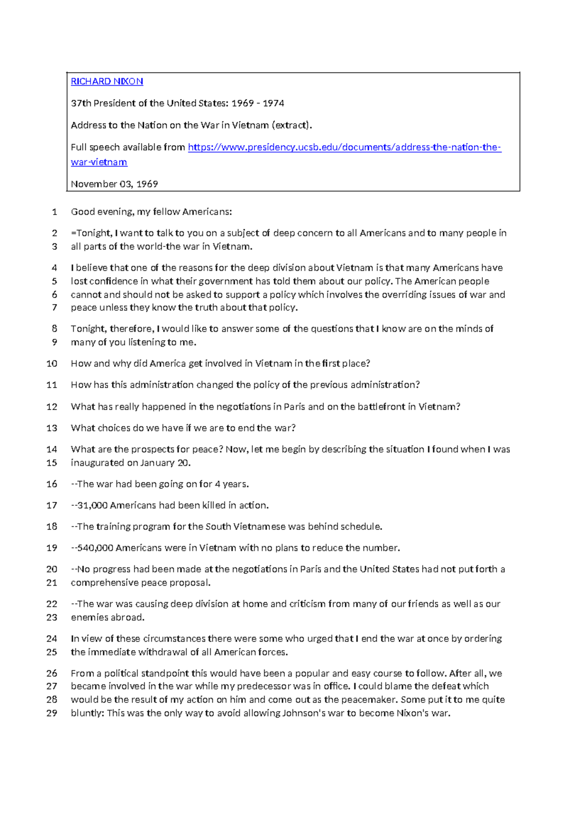 Task - Richard Nixon speech - RICHARD NIXON 37th President of the ...