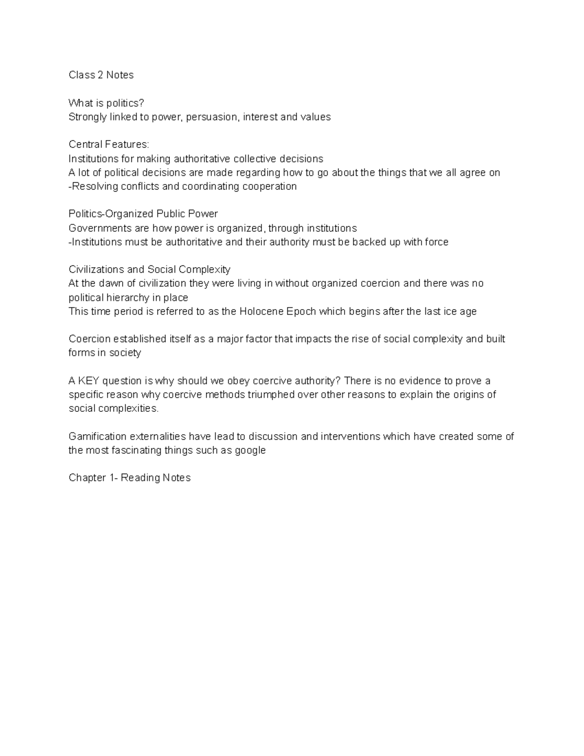 Lecture 1 Notes - Class 2 Notes What is politics? Strongly linked to ...