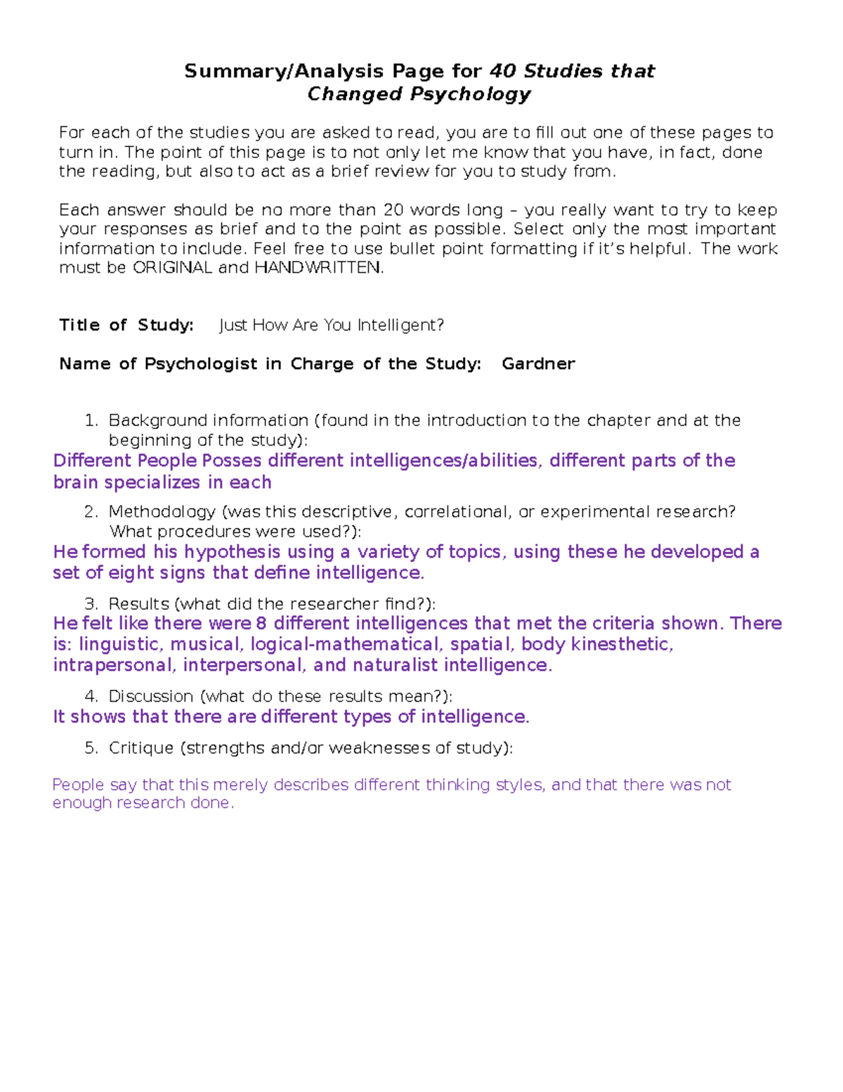 Experiment Analysis Sheet- Just How Intelligent - Summary/Analysis Page ...