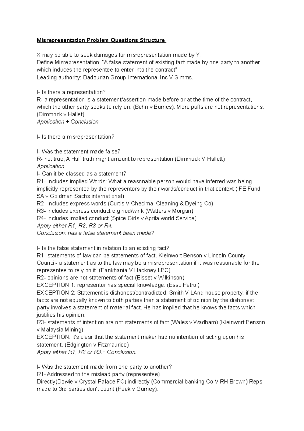 Misrepresentation Problem Q's Structure - Misrepresentation Problem Questions Structure X may be ...