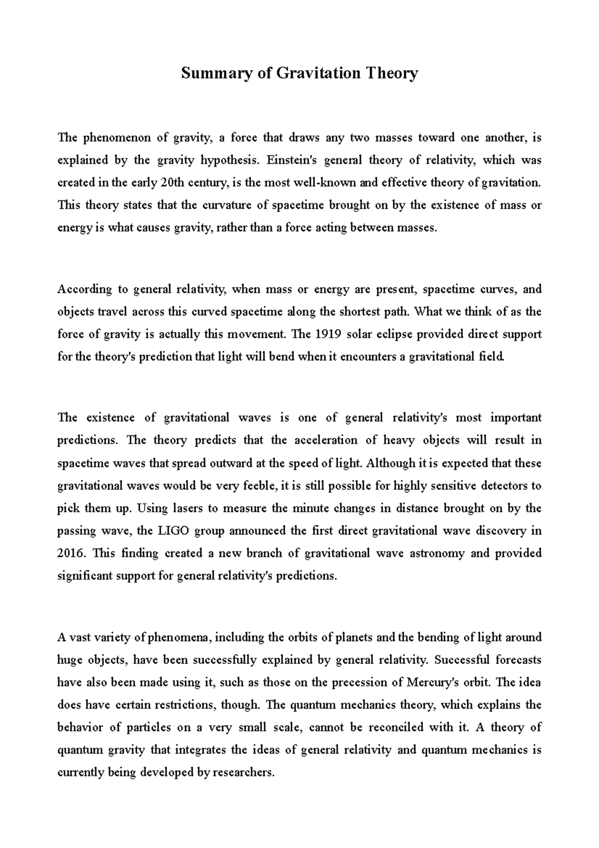 Summary of Gravitation Theory - Einstein's general theory of relativity ...