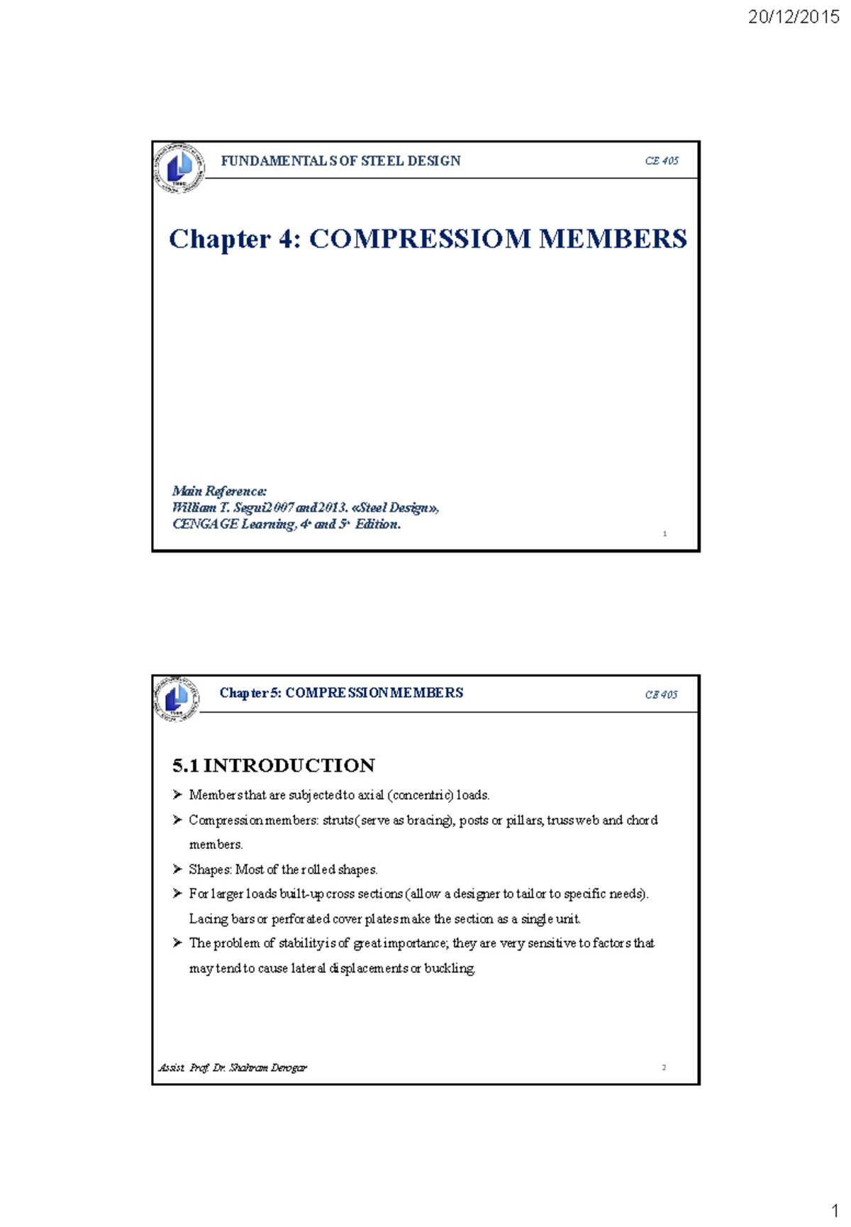 Chapter 5-Compression Members - Chapter 4: COMPRESSIOM MEMBERS CE 405 1 ...