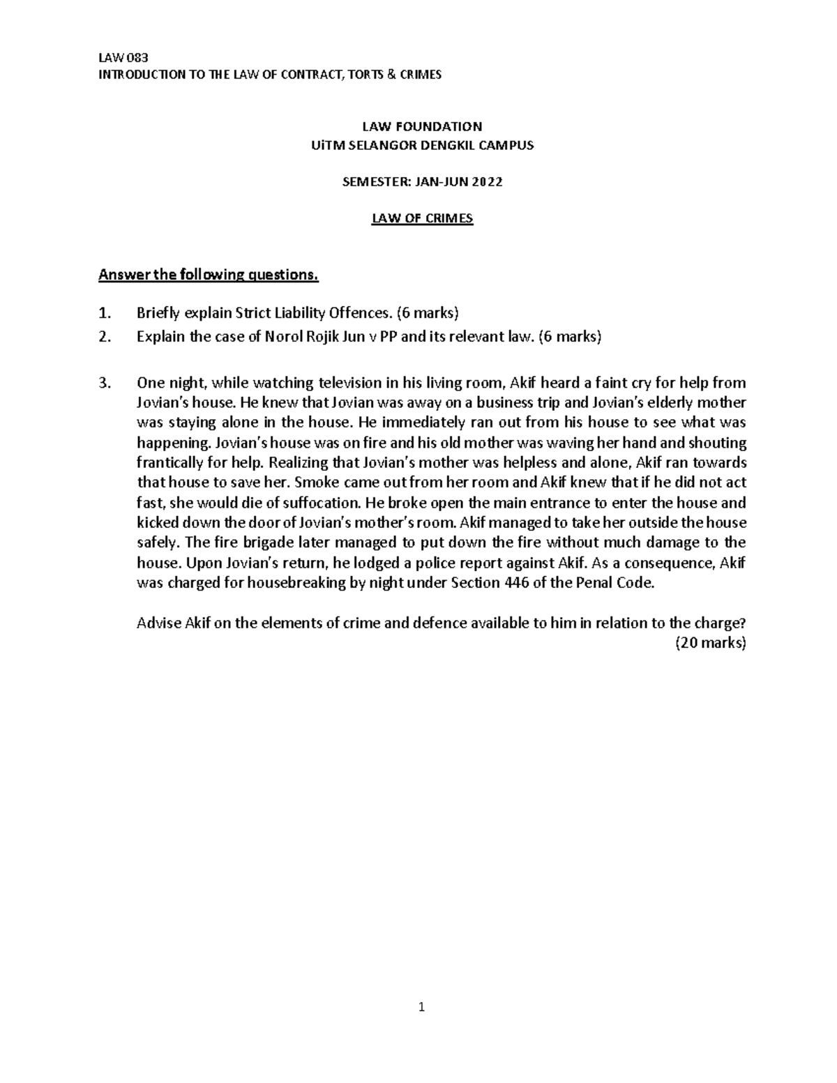 Tutorial 7 - LAW 083 INTRODUCTION TO THE LAW OF CONTRACT, TORTS & CRIMES 1 LAW FOUNDATION UiTM ...