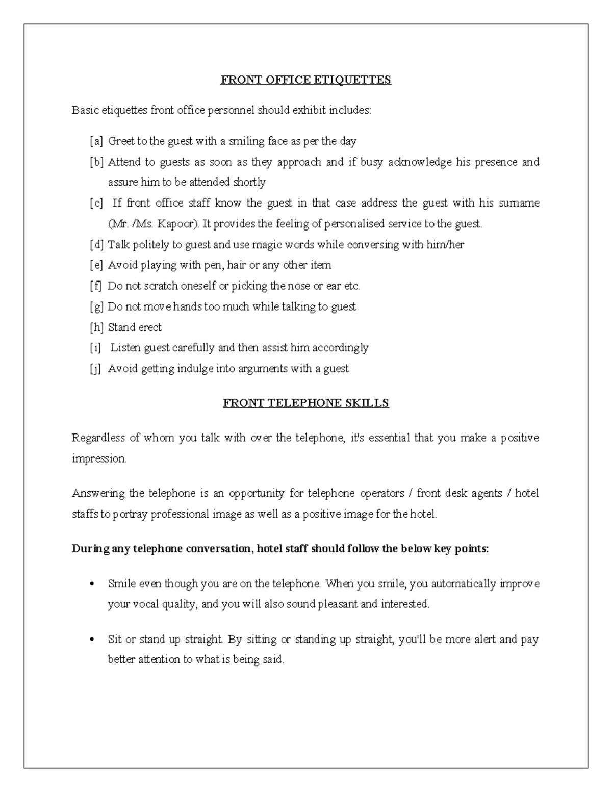 Front Office Etiquates - FRONT OFFICE ETIQUETTES Basic etiquettes front ...