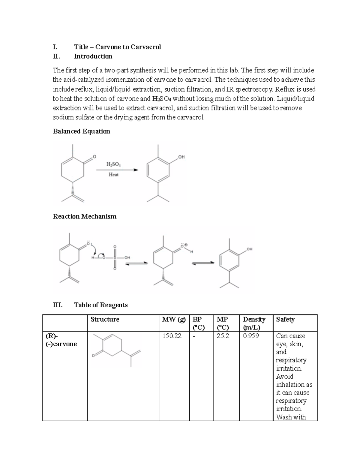 Carvone to Carvacrol Pre Lab - I. Title – Carvone to Carvacrol II ...