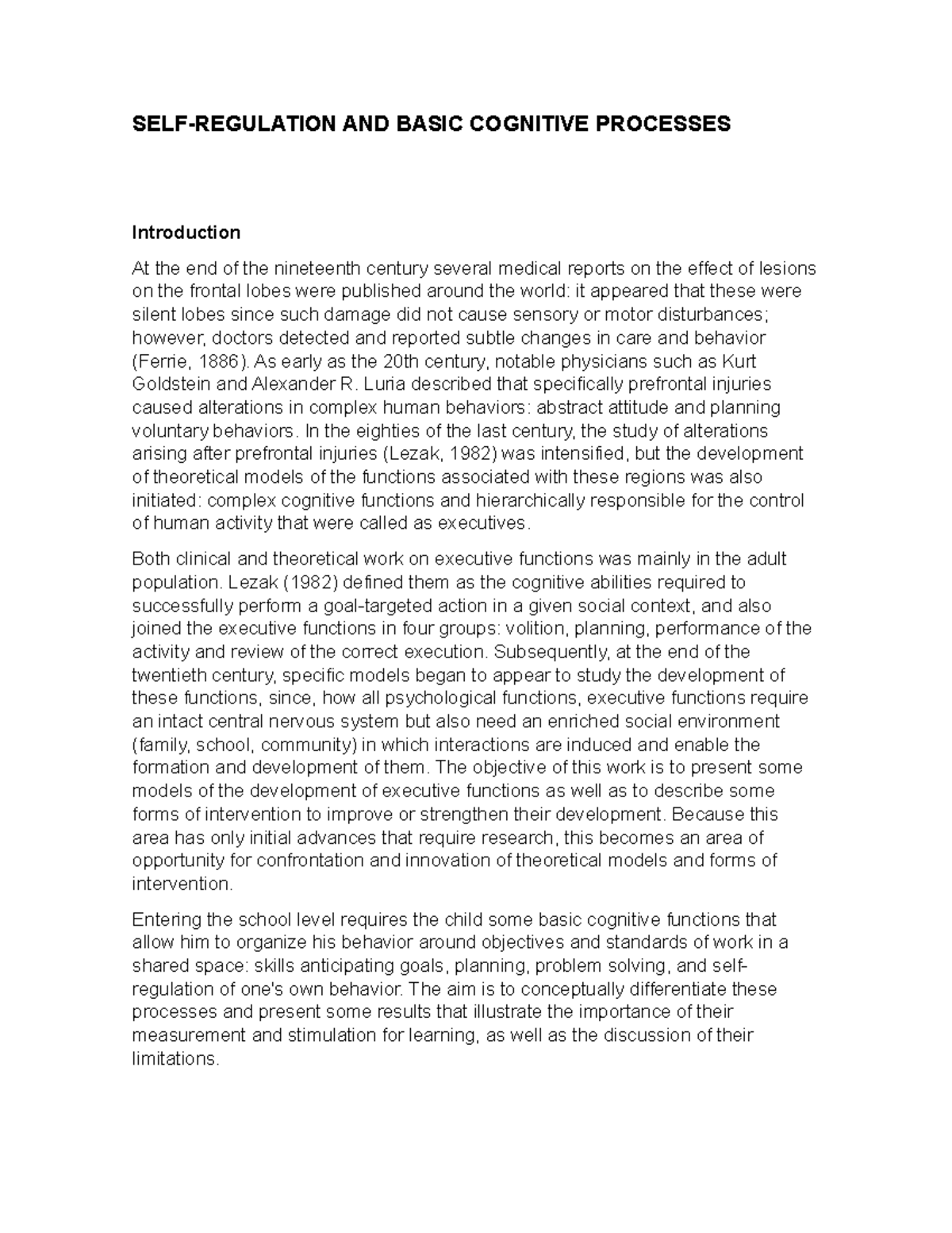 Self-regulation and basic cognitive processes - SELF-REGULATION AND BASIC COGNITIVE PROCESSES ...