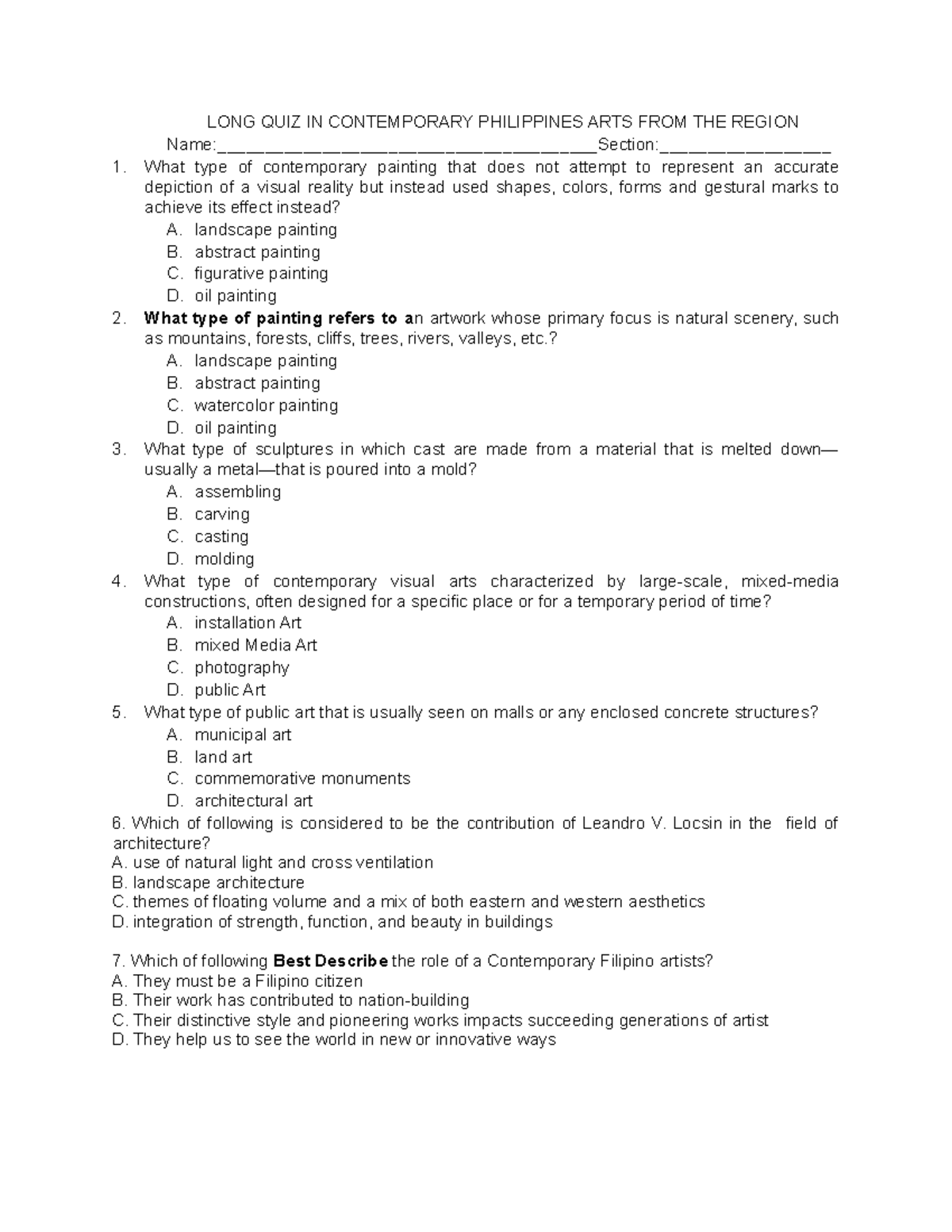 LONG QUIZ IN Contemporary Philippines ARTS FROM THE Region q1 - LONG ...