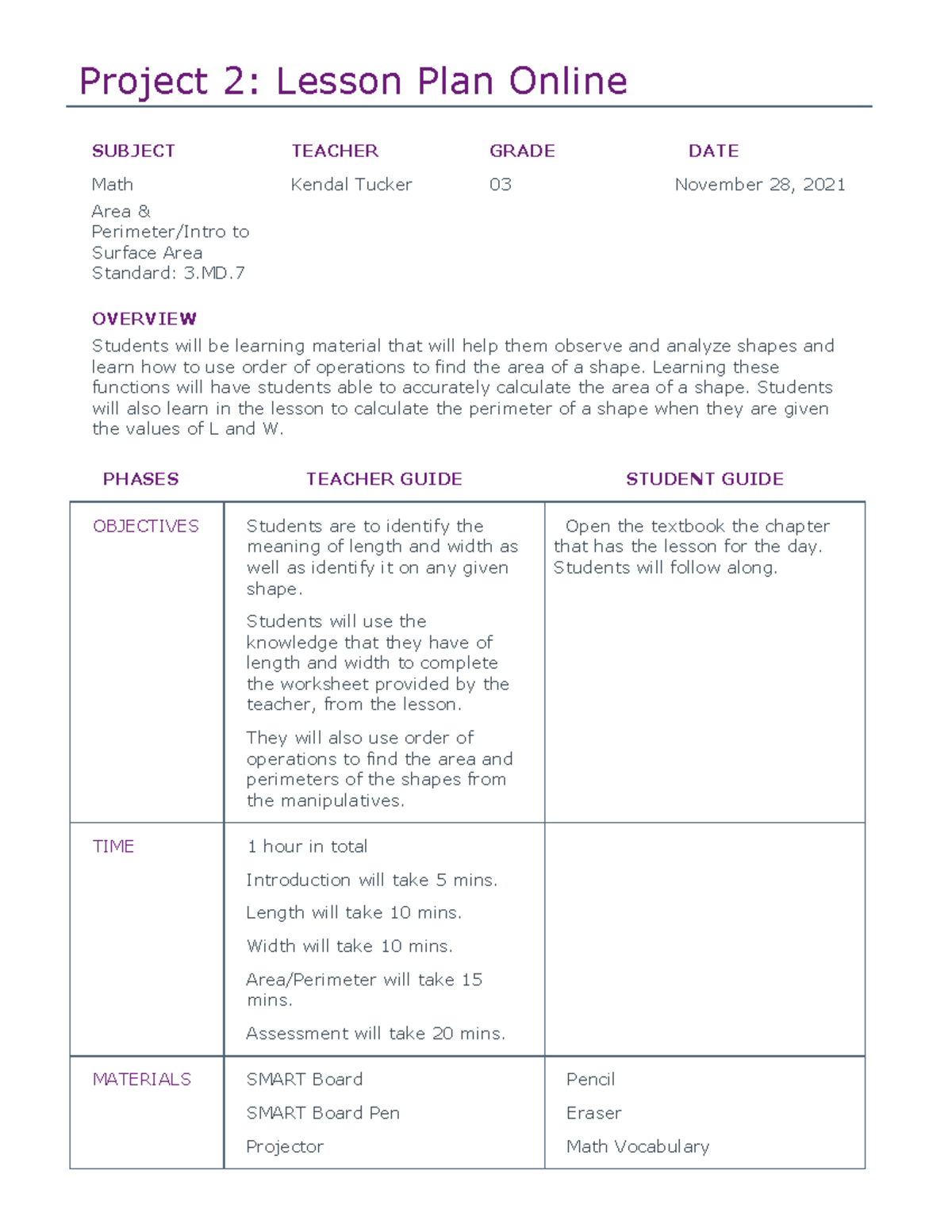 Project 2 Lesson Plan - Project 2: Lesson Plan Online SUBJECT TEACHER ...