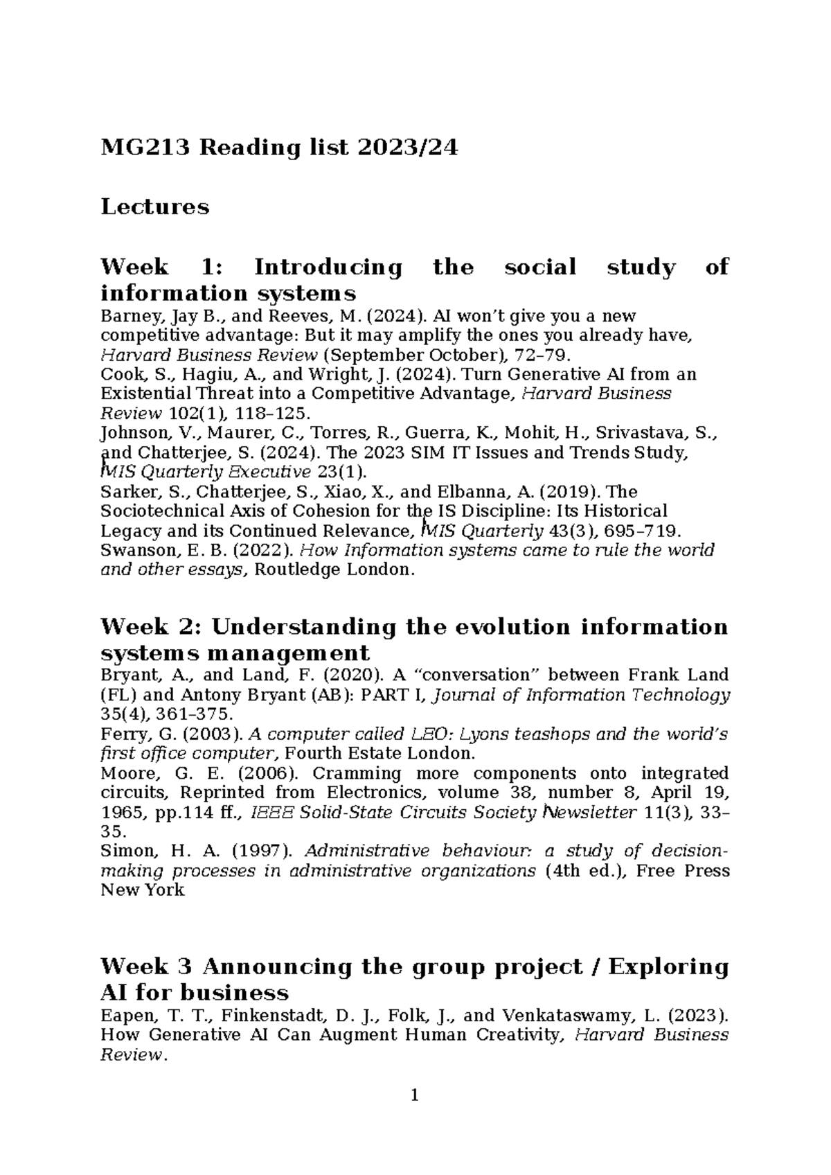 MG213 Reading list 2024 - MG213 Reading list 2023/ Lectures Week 1 ...
