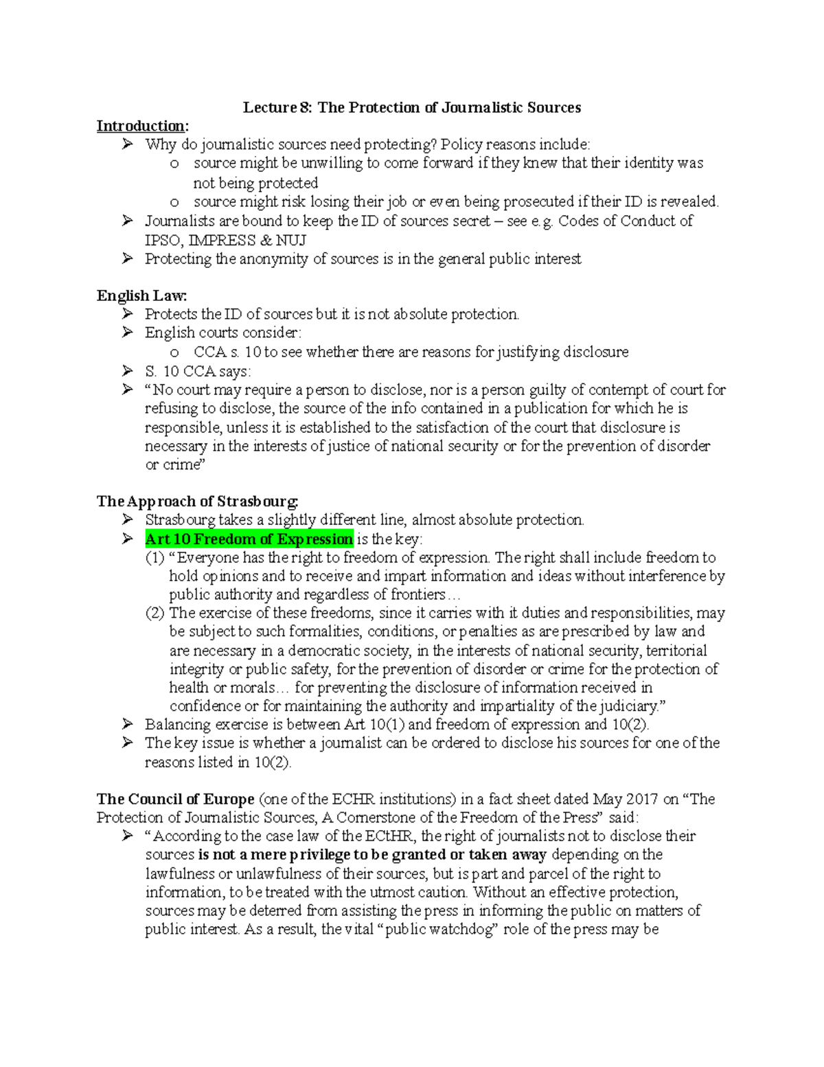 Lecture 8 - protection of journalist sources - Lecture 8: The ...