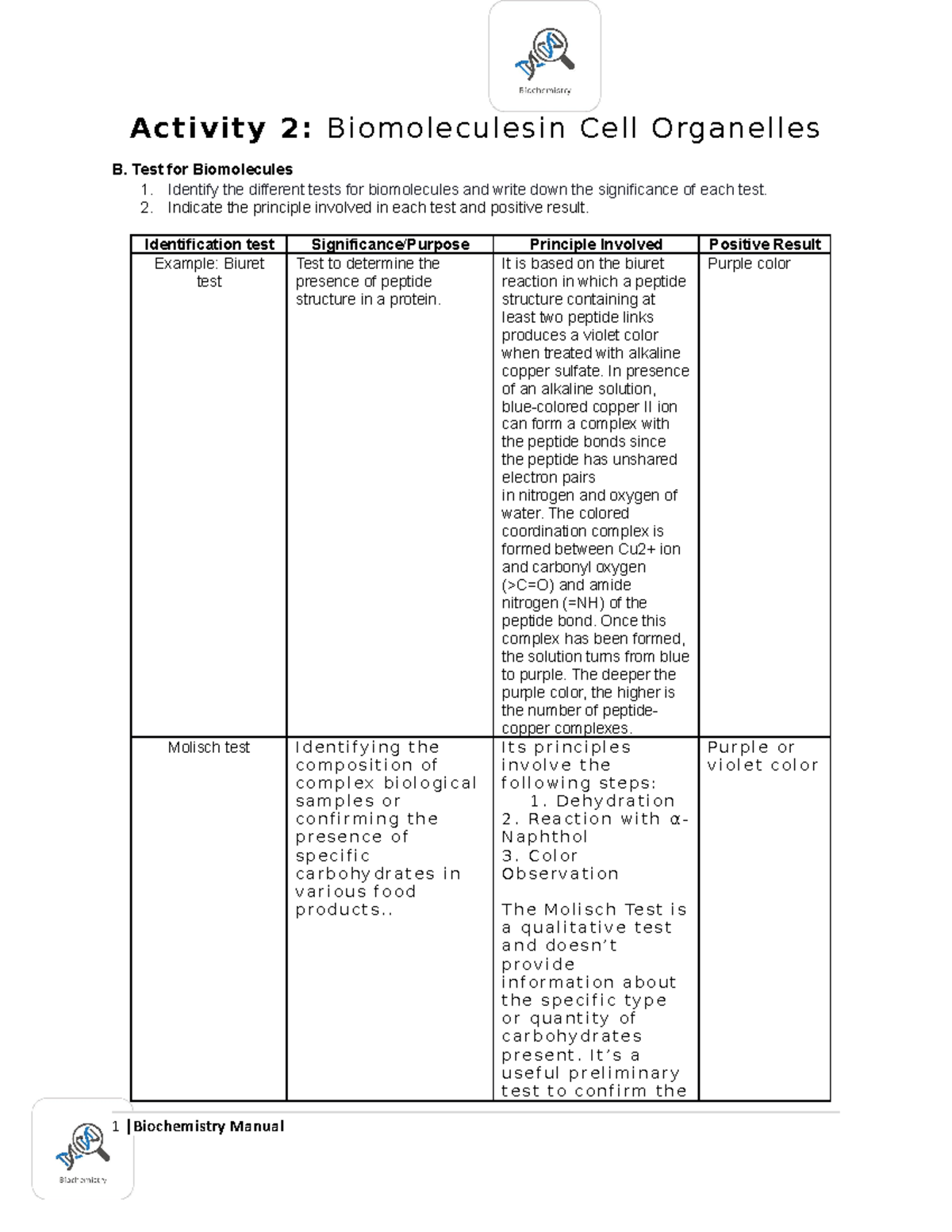 Activity 2 - Biochem lab - Activity 2: Biomoleculesin Cell Organelles B ...