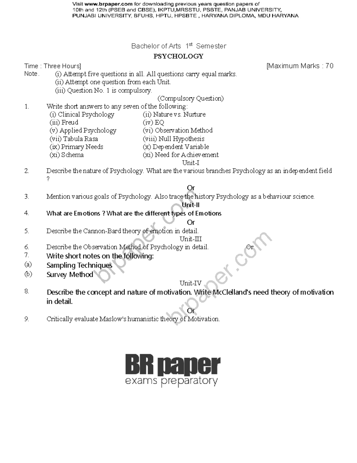 Psychology Question Papers - Bachelor of Arts 1 st Semester PSYCHOLOGY ...