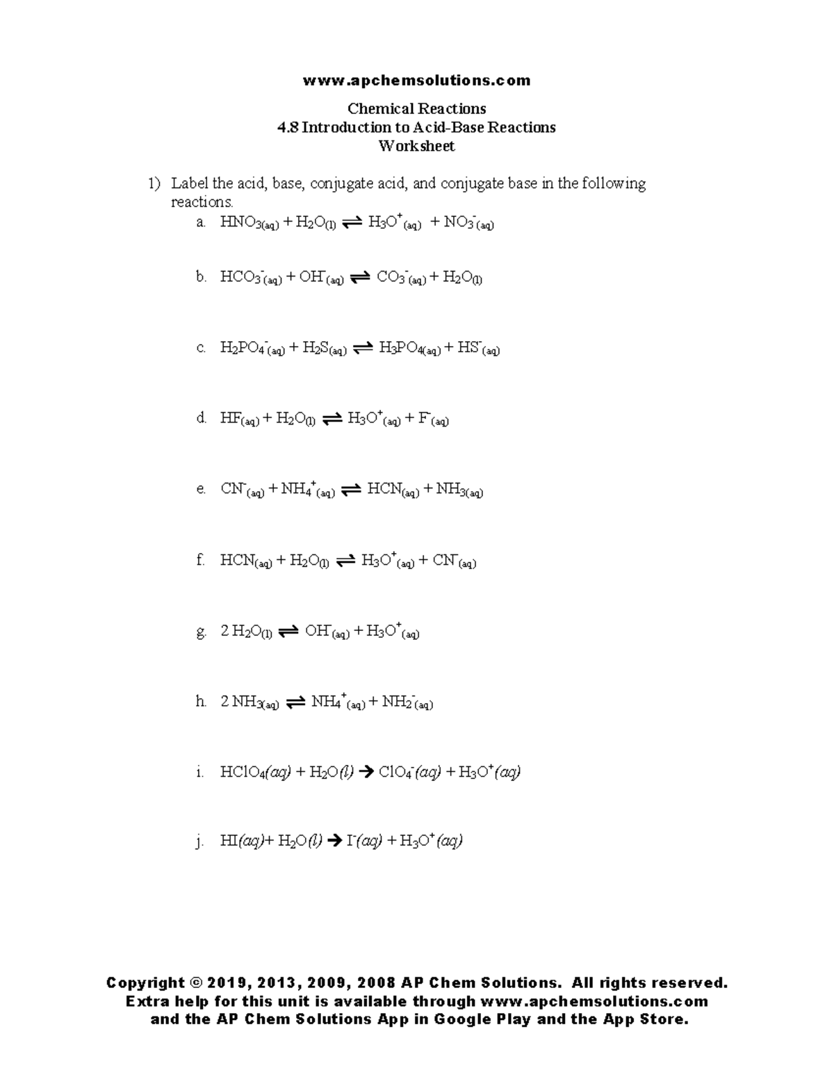 Unit 10 ACS Problem Sets - Chemical Reactions 4 Introduction to ...