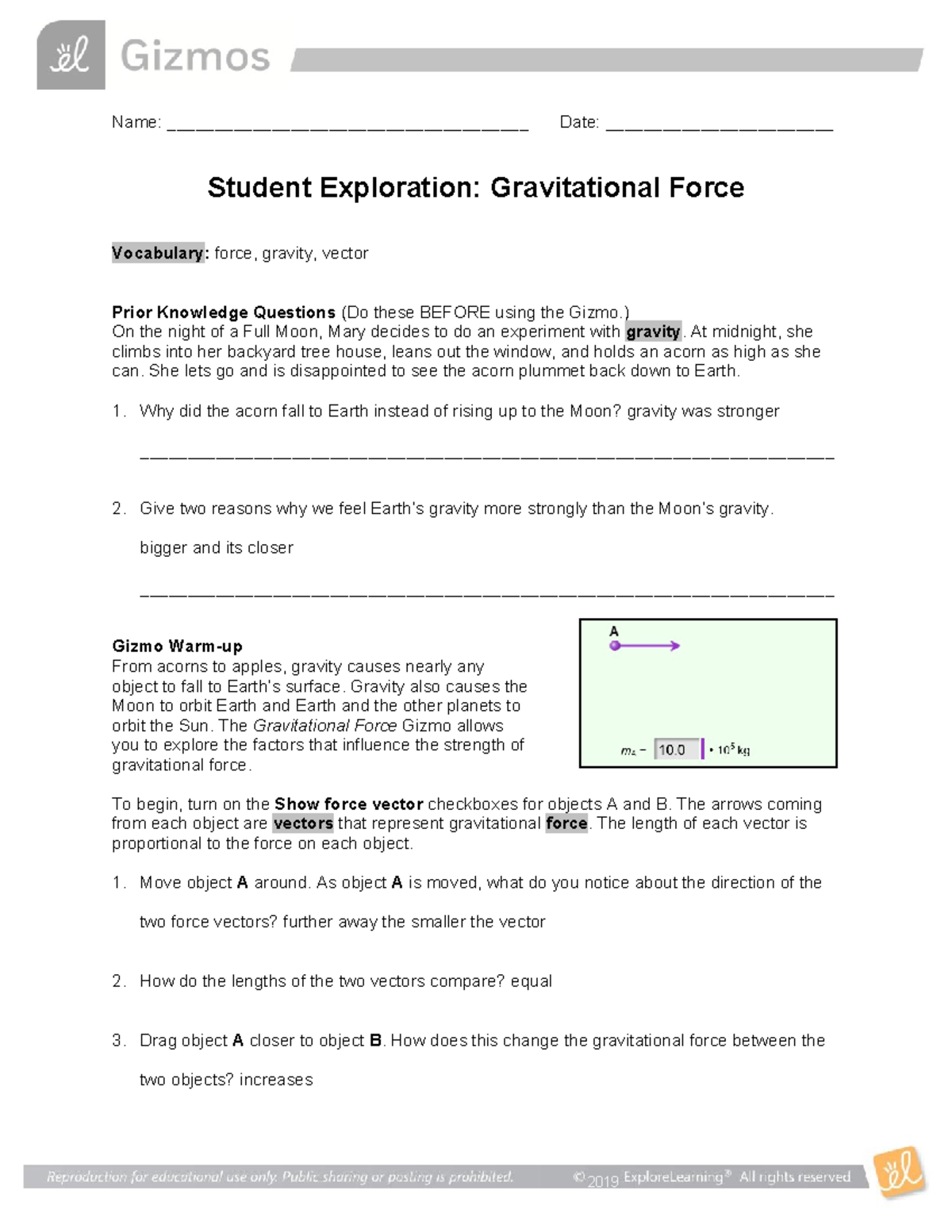 Copy of Gravitational Force SE - Name ...