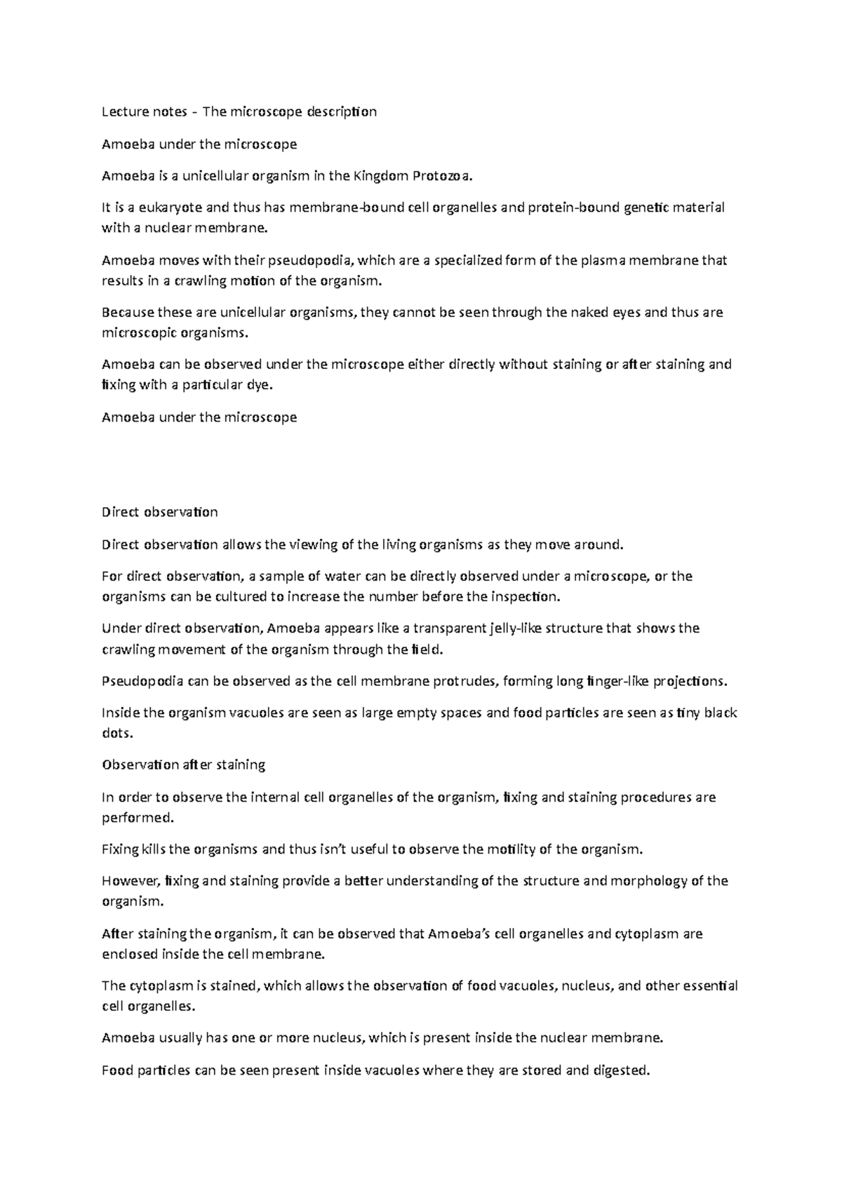 Lecture notes - The microscope description - It is a eukaryote and thus ...