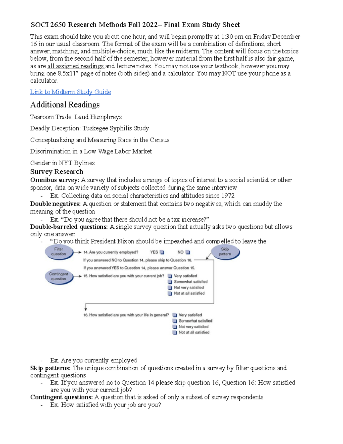 Final Exam Review Sheet - SOCI 2650 Research Methods Fall 2022– Final Exam Study Sheet This exam ...