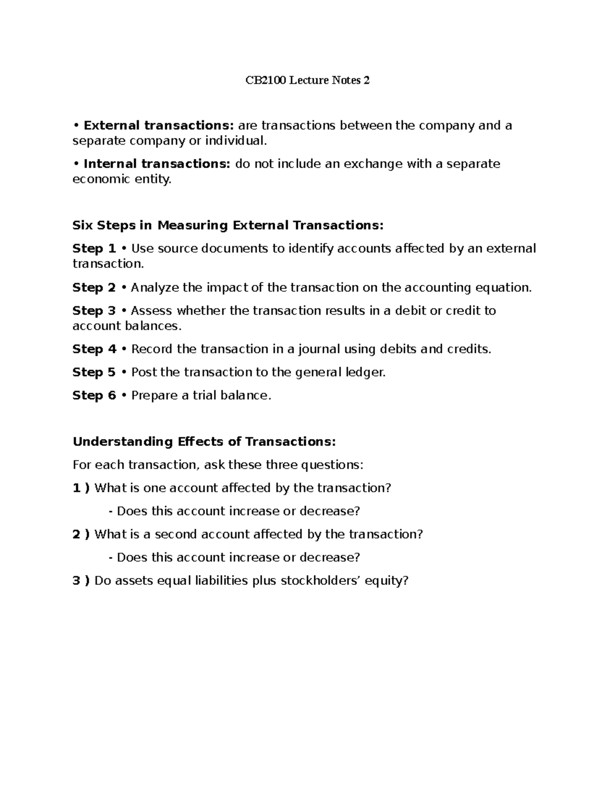 CB2100 Lecture 2 Notes - Internal transactions: do not include an ...