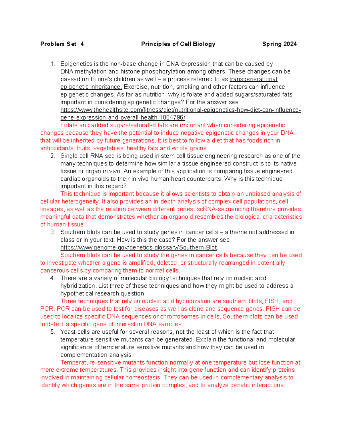 Problem Set 4 Spring 2024 - Problem Set 4 Principles of Cell Biology ...
