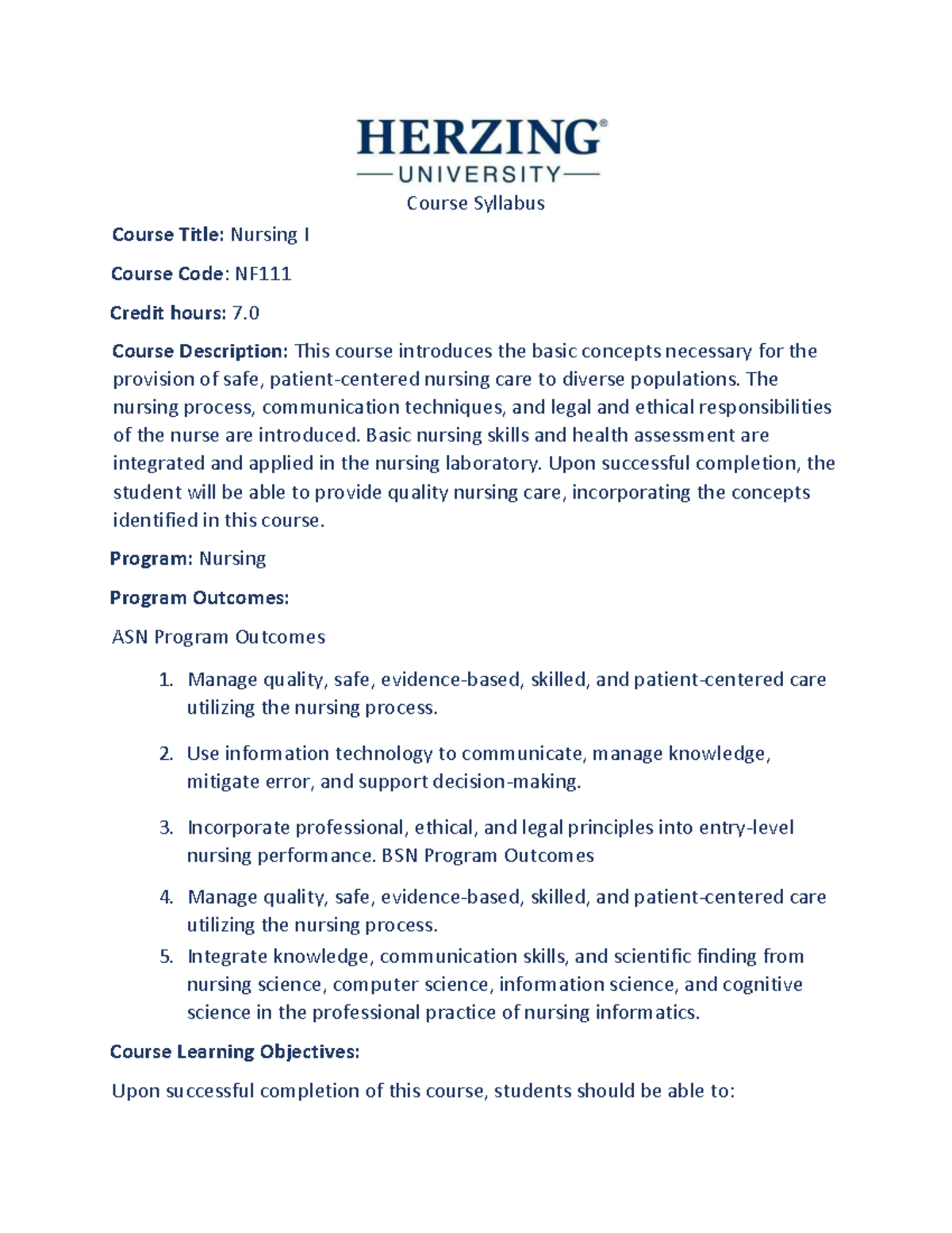 NF111 Course Syllabus Fall A 2021 - Course Syllabus Course Title ...