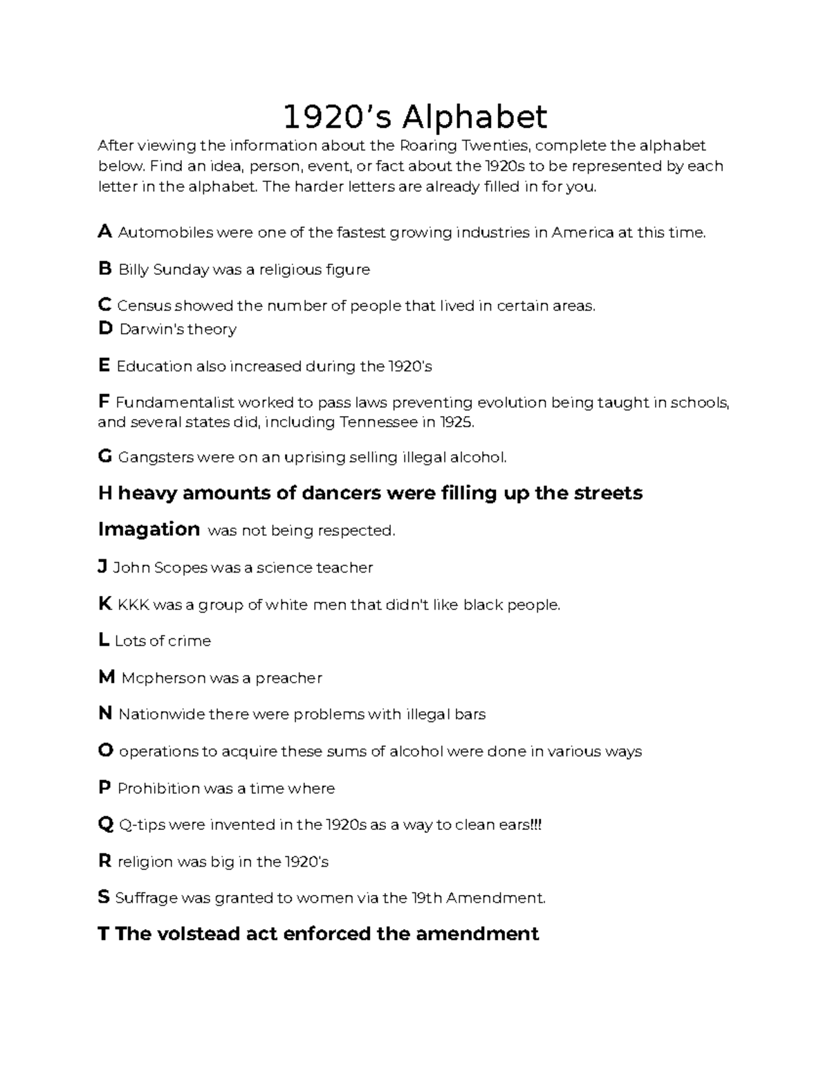 Copy of 1920’s Alphabet - 1920’s Alphabet After viewing the information ...