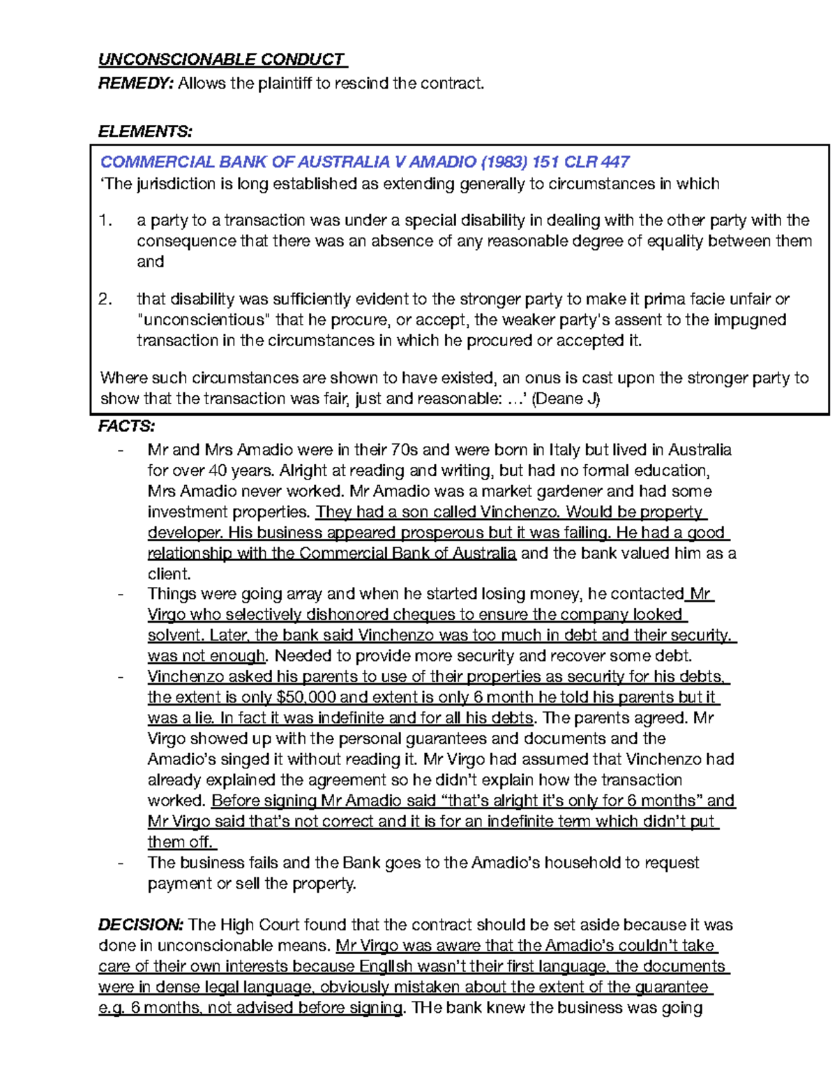 Unconscionable Conduct Notes from Lecture - UNCONSCIONABLE CONDUCT ...