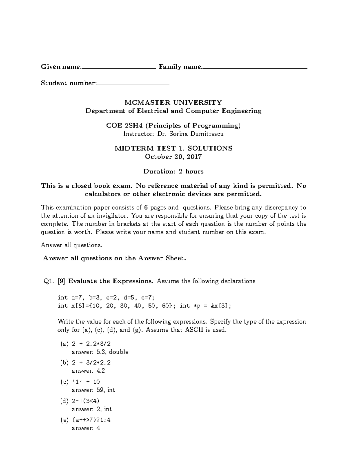 Midterm 1 2SH4 2017 solutions - Given name: Family name: Student number: MCMASTER UNIVERSITY ...