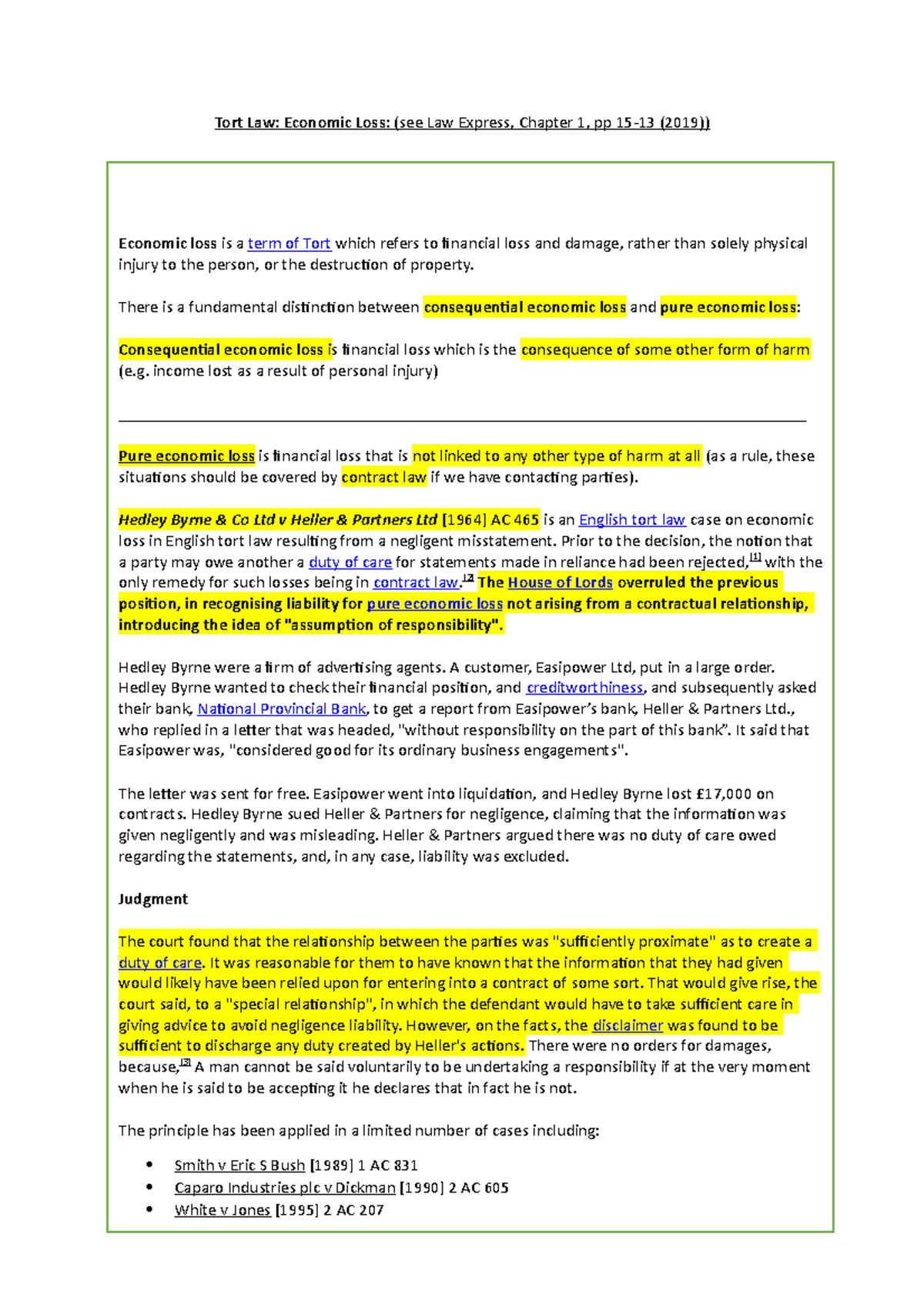 Tort Law Economic Loss - There is a fundamental distinction between ...