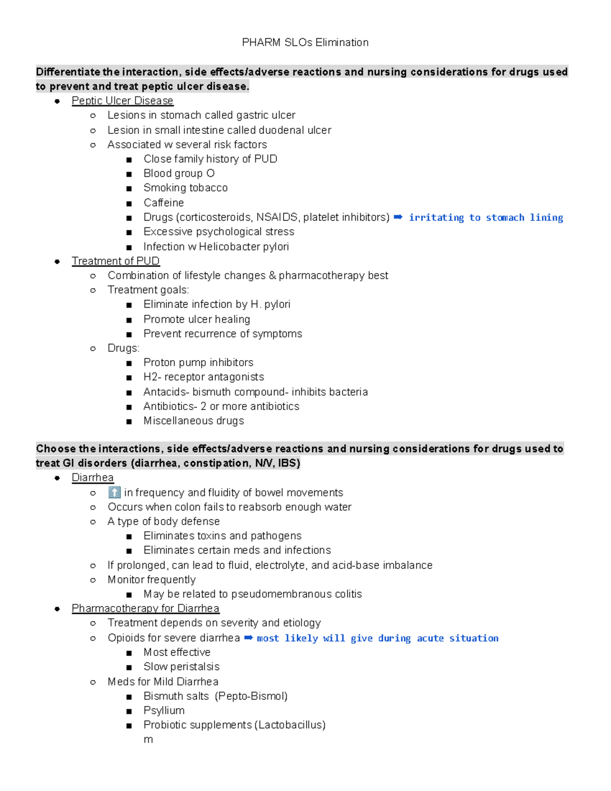 Pharm SLOs Elimination - PHARM SLOs Elimination Differentiate the ...
