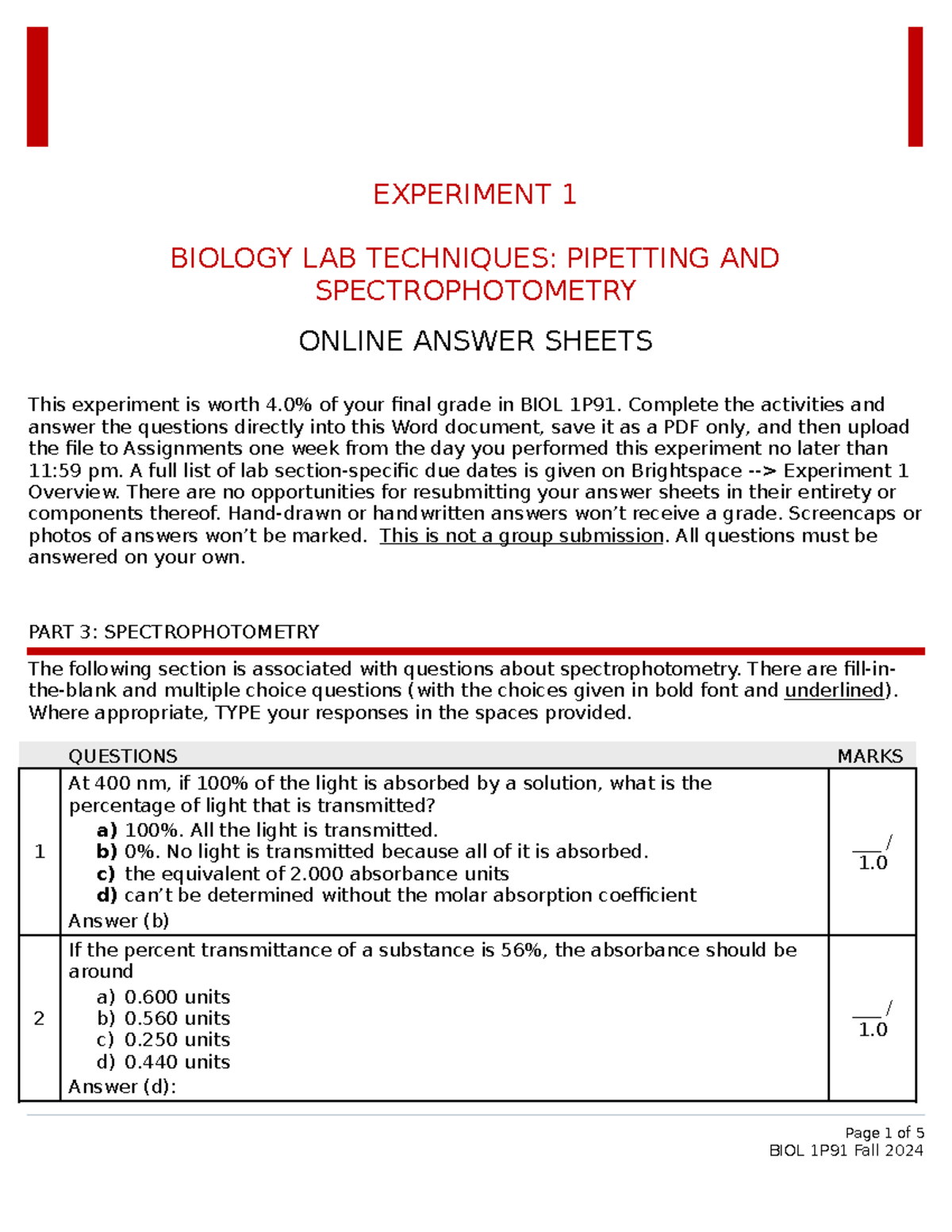 Experiment 1 Online Answer Sheets for Students Fall 2024 - EXPERIMENT 1 ...