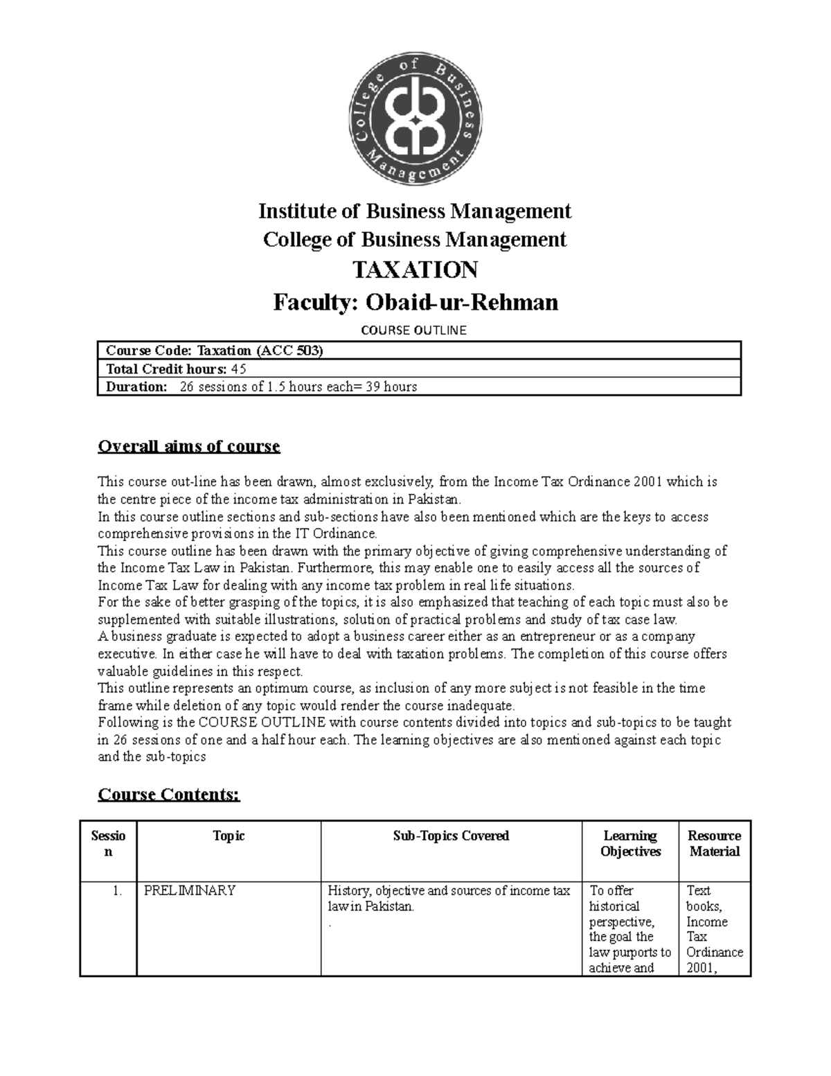 Course Outline - Institute of Business Management College of Business ...