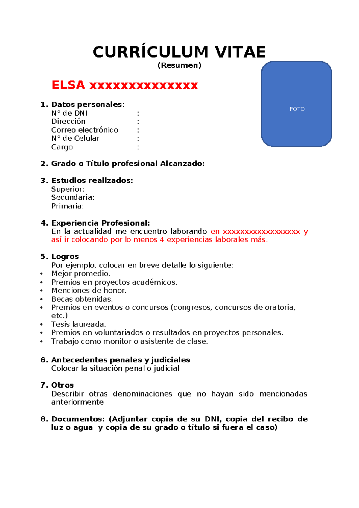 Modelo CV Resumen 2024 - CURRÍCULUM VITAE (Resumen) ELSA xxxxxxxxxxxxxx ...