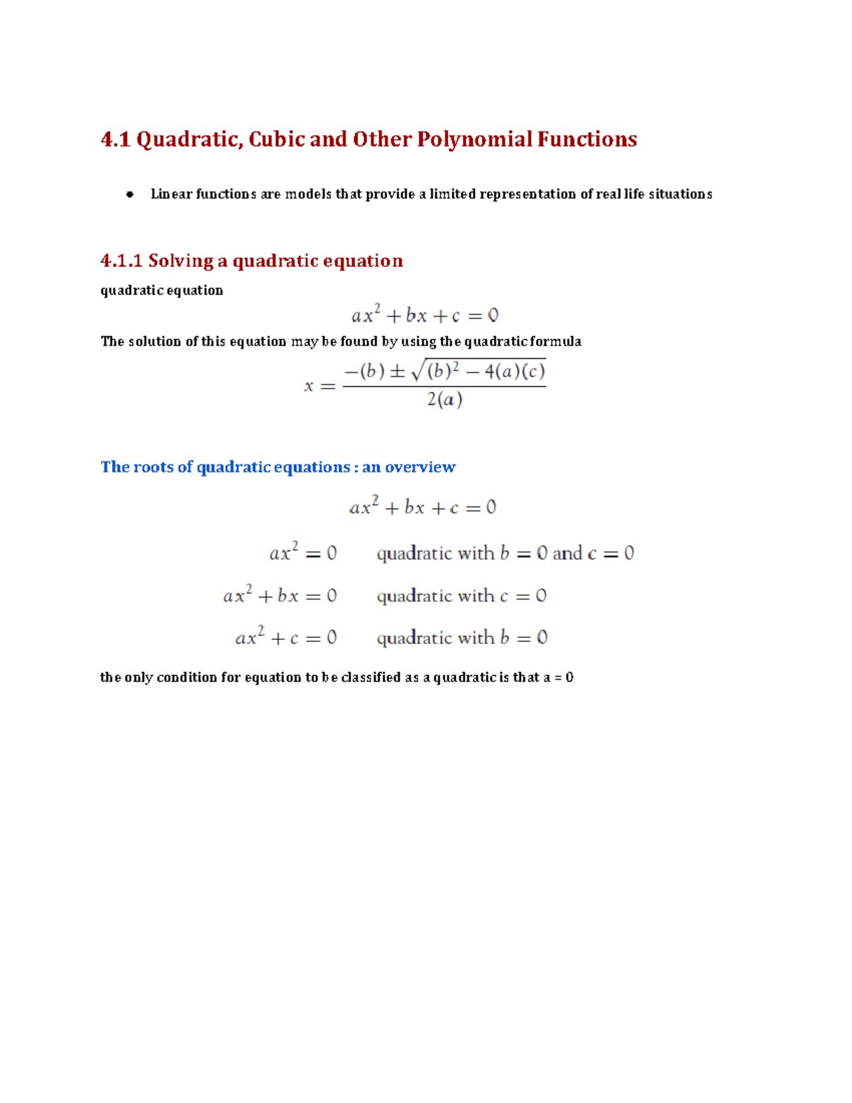 Non Linear Functions And Applications 4 Quadratic Cubic And Other Polynomial Functions Linear