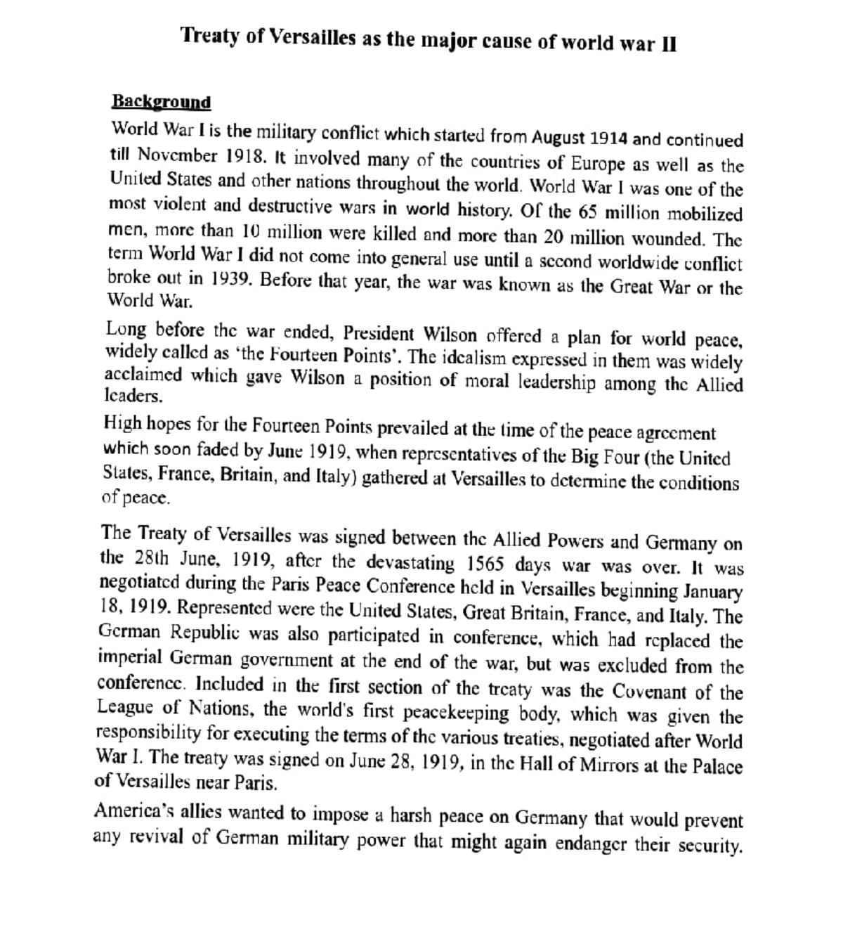 Treaty of Versailles - Treaty of Versailles as the major cause of world ...