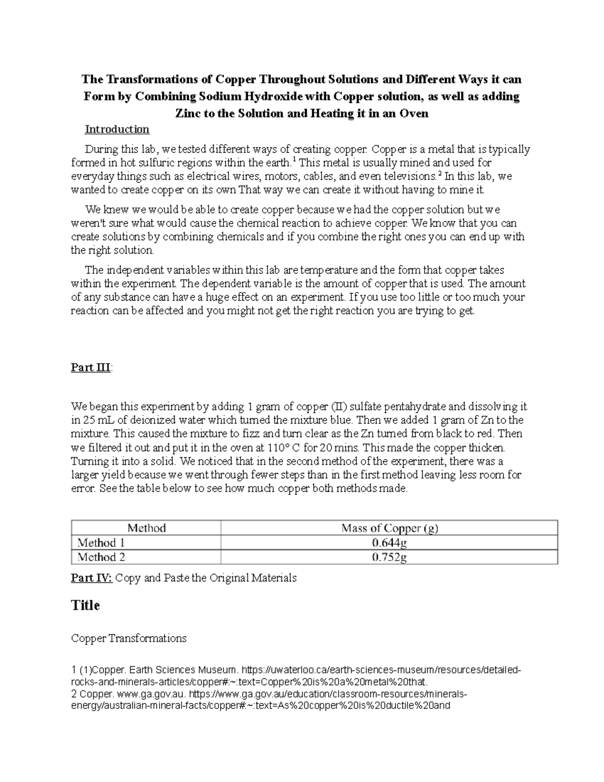 Copper transformations lab report write up - The Transformations of ...