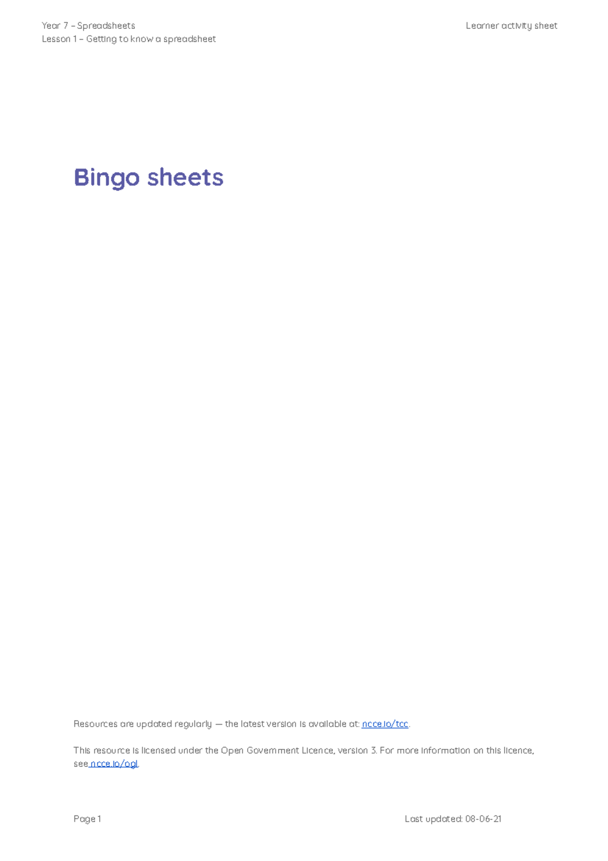 Activity 1 - Printable bingo sheets - Lesson 1 – Getting to know a ...