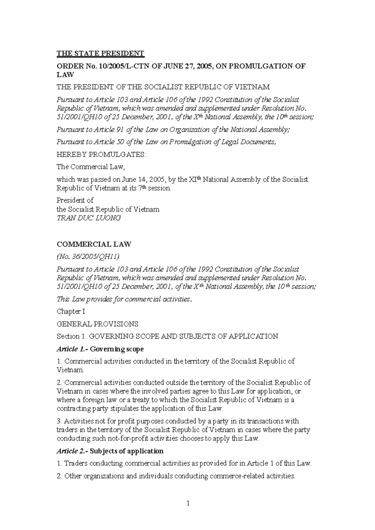 E36 - good - THE STATE PRESIDENT ORDER No. 10/2005/L-CTN OF JUNE 27 ...