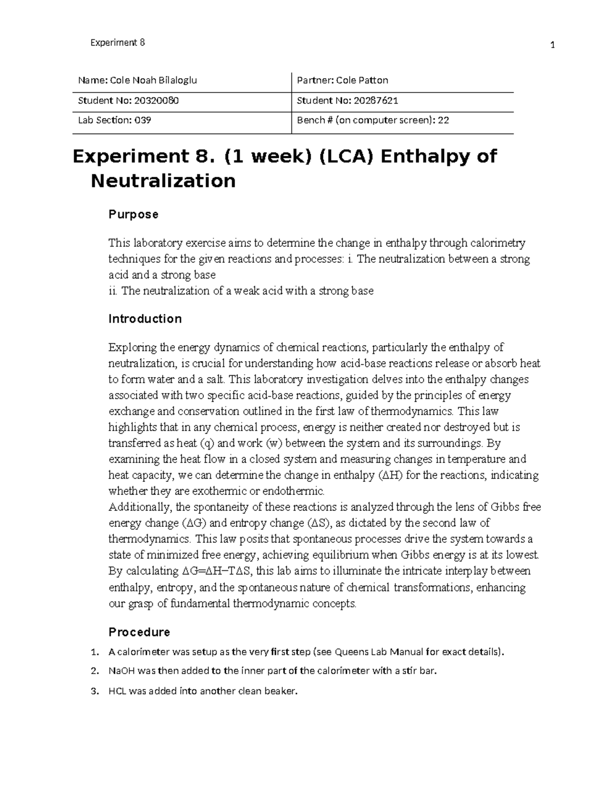 Enthalpy of Neutralization - Name: Cole Noah Bilaloglu Partner: Cole ...