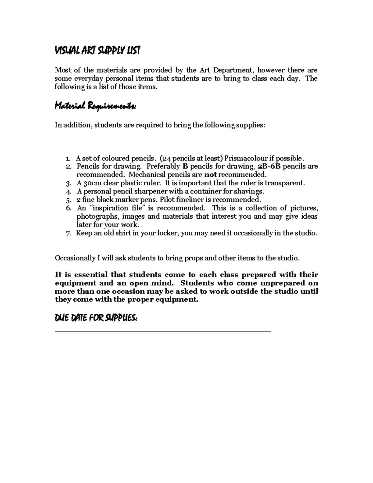 Visual art supply list - VISUAL ART SUPPLY LIST Most of the materials ...