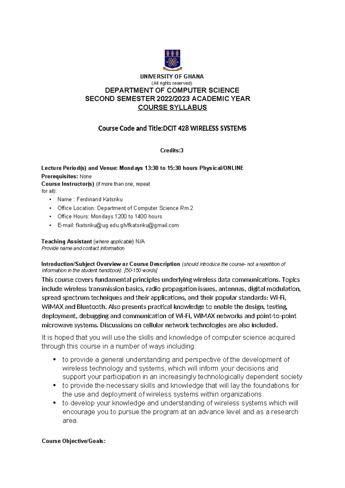 Course Outline DCIT 428 - UNIVERSITY OF GHANA (All rights reserved ...