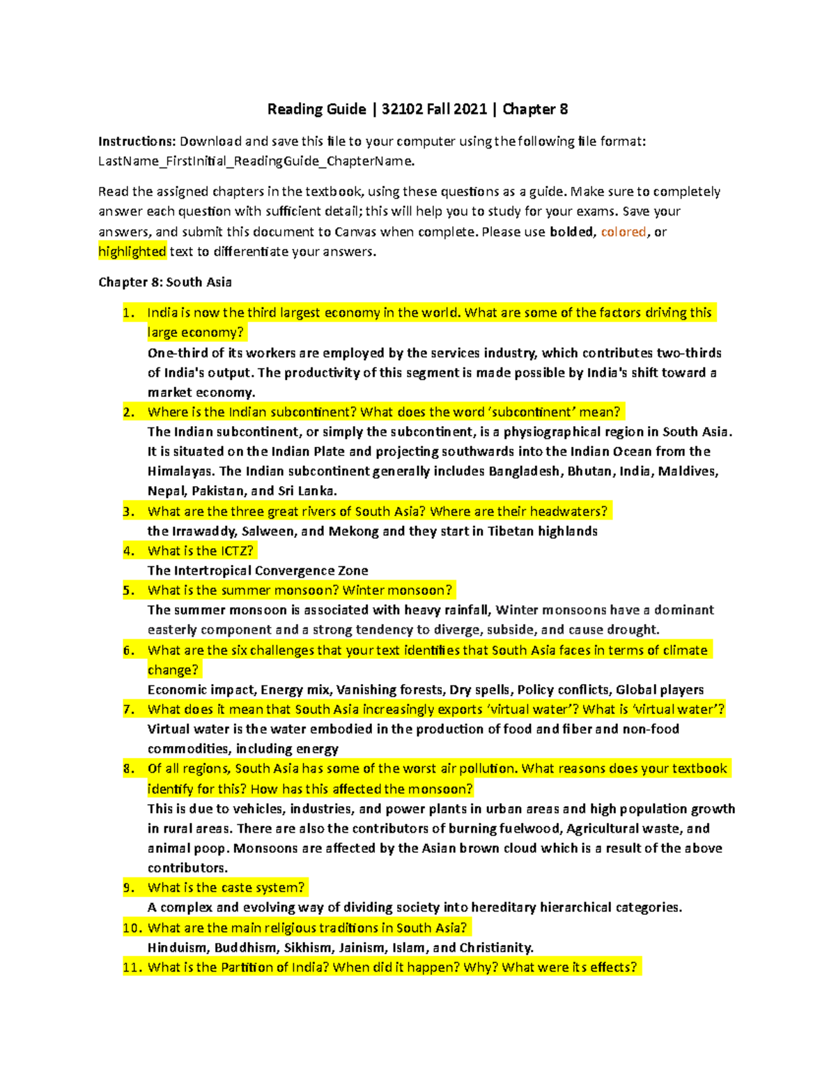 Reading Guide - Chapter 8 South Asia - Reading Guide | 32102 Fall 2021 ...