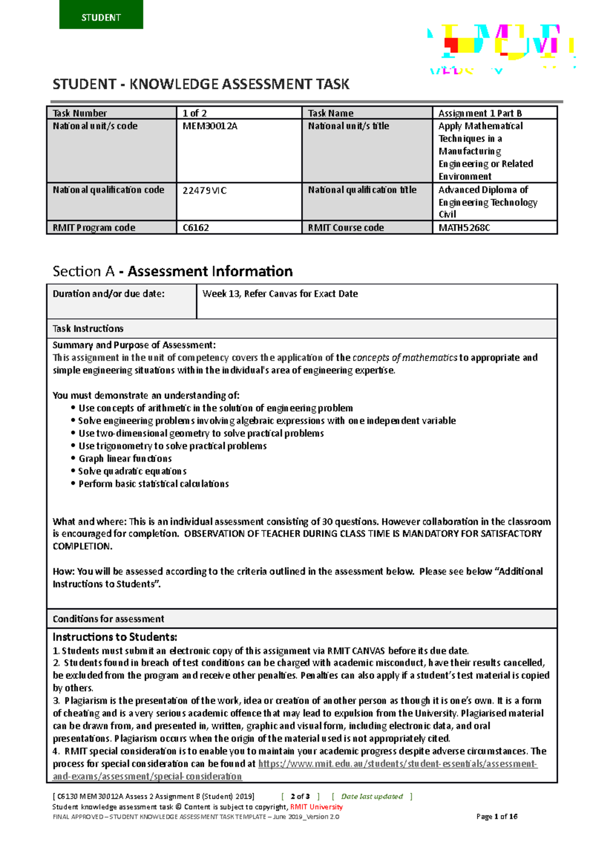 C6162 MEM30012 A (MATH5268C) Assess 1 part b- Assignment B (Student) - STUDENT - KNOWLEDGE - Studocu